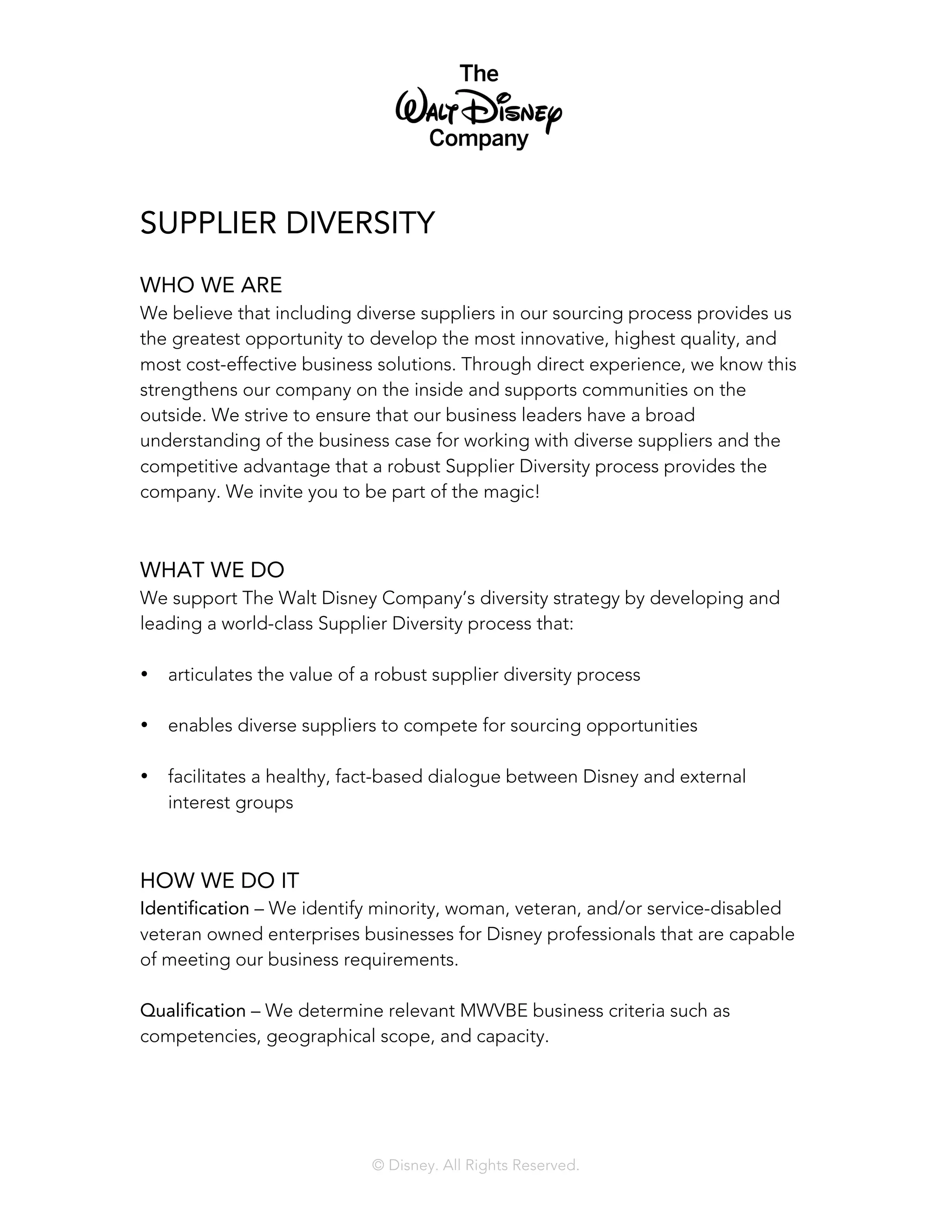 Supplier Diversity: The Walt Disney Company | PDF