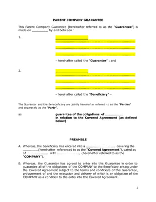 Supplier Parent Company guarantee Sample (Purchase this doc, Text ...