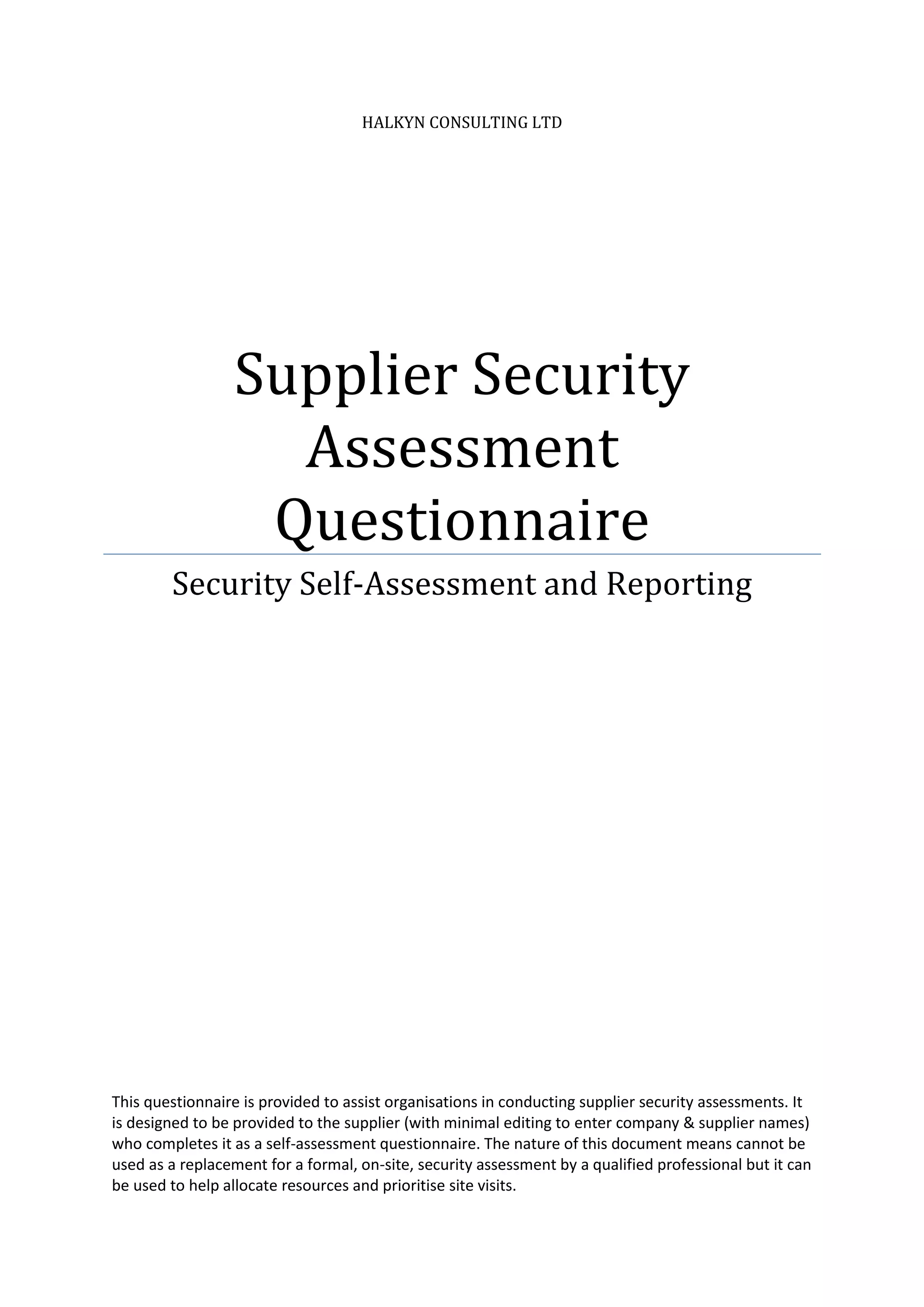 Supplier security assessment questionnaire | PDF