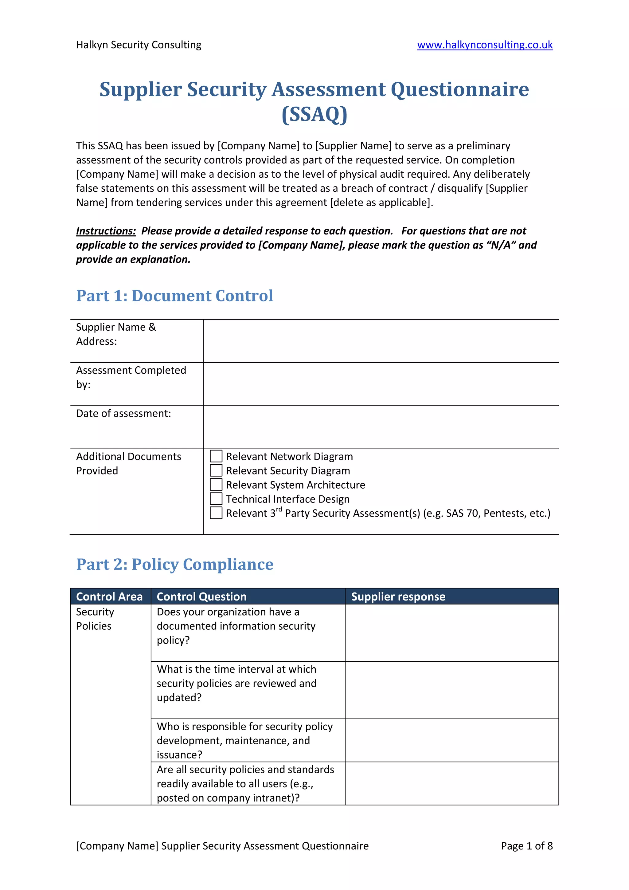 Supplier security assessment questionnaire | PDF
