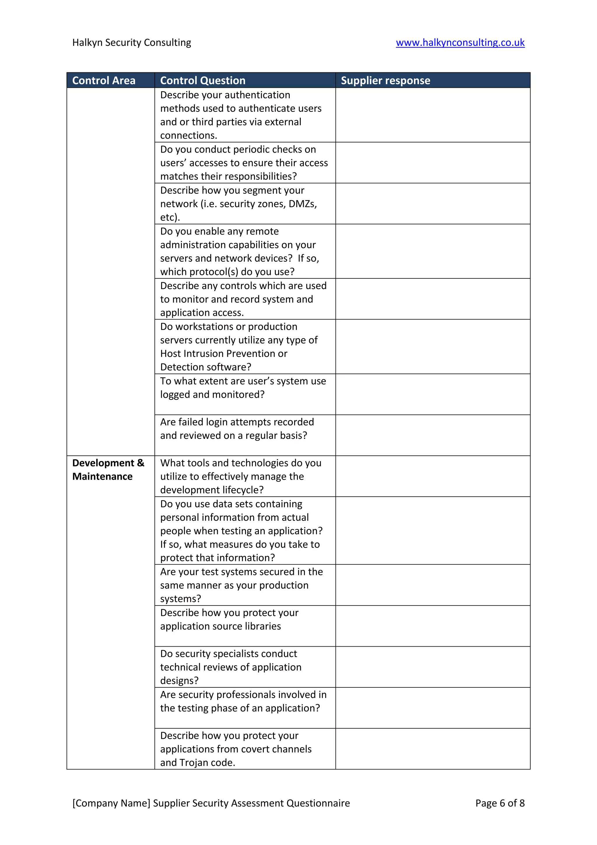 Supplier security assessment questionnaire | PDF