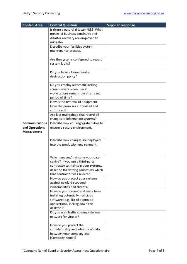 Supplier security assessment questionnaire