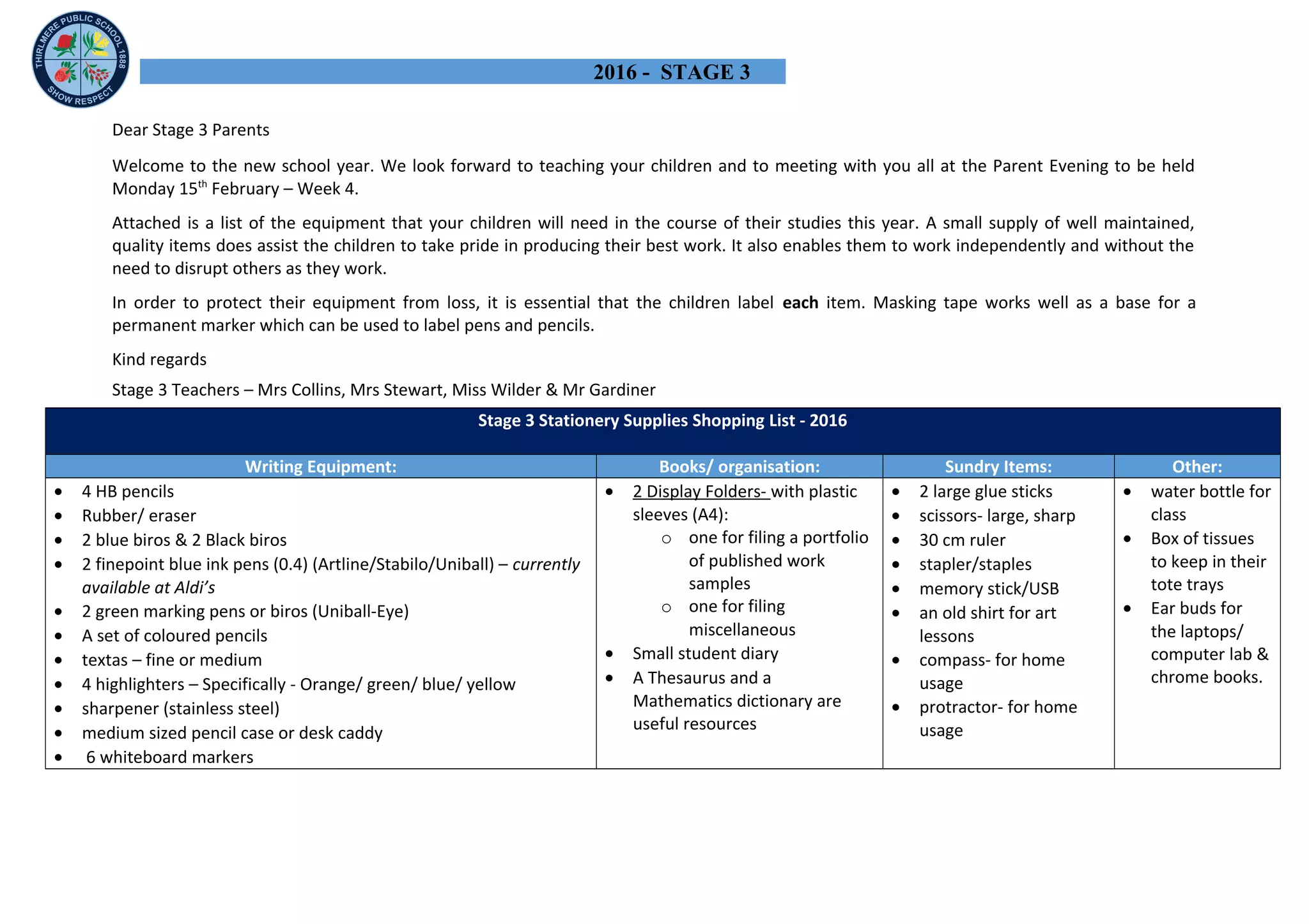 School equipment list S3 | DOC