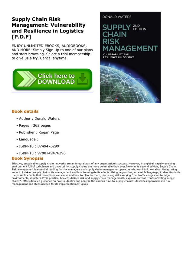 Supply Chain Risk Management: Vulnerability and Resilience in Logistics ...
