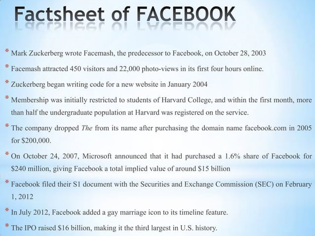 introduction of facebook | PPTX | Social Networking | Internet