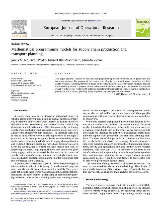 Mathematical programming models for supply chain production and ...