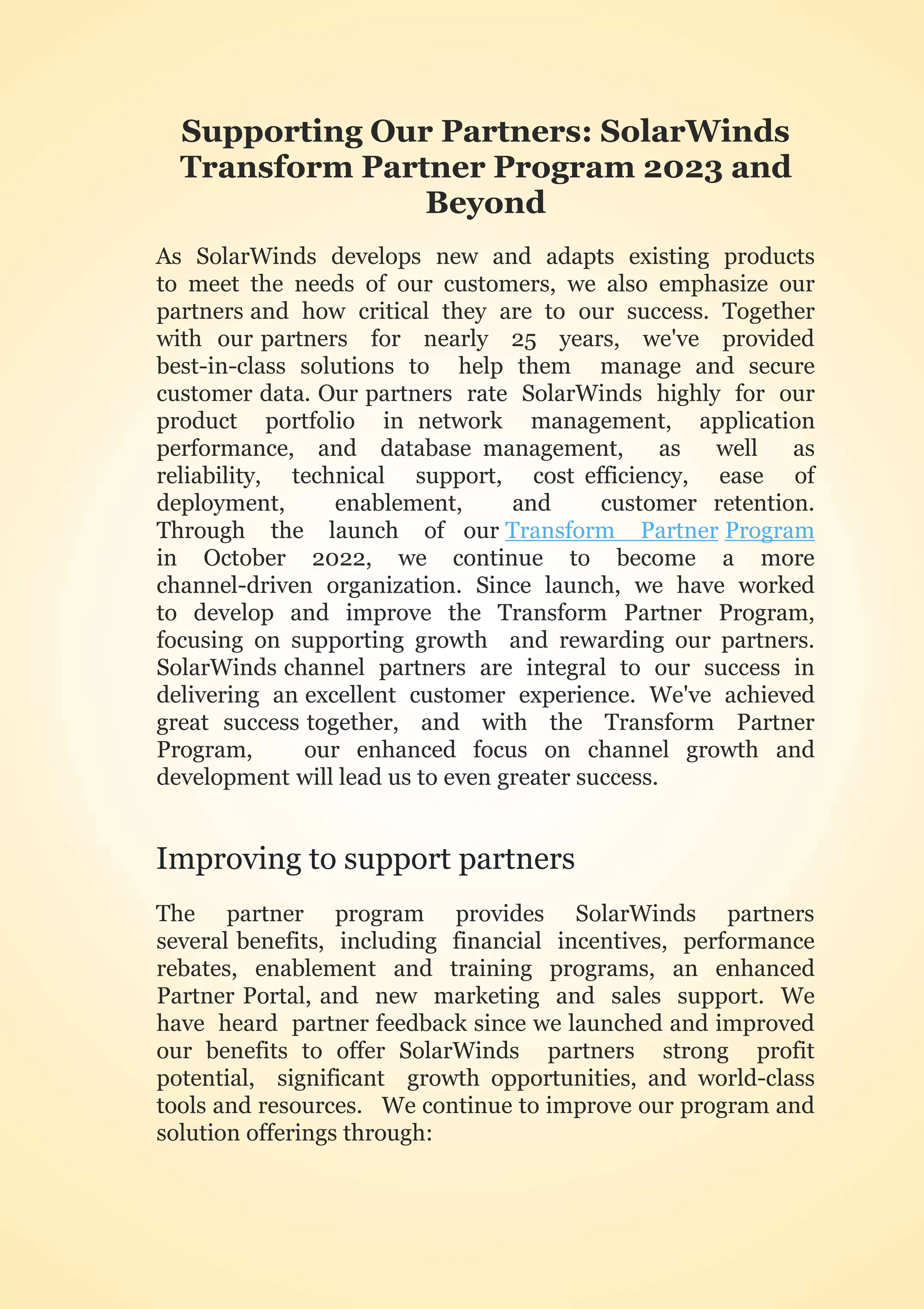 Supporting Our Partners SolarWinds Transform Partner Program 2023.ppt