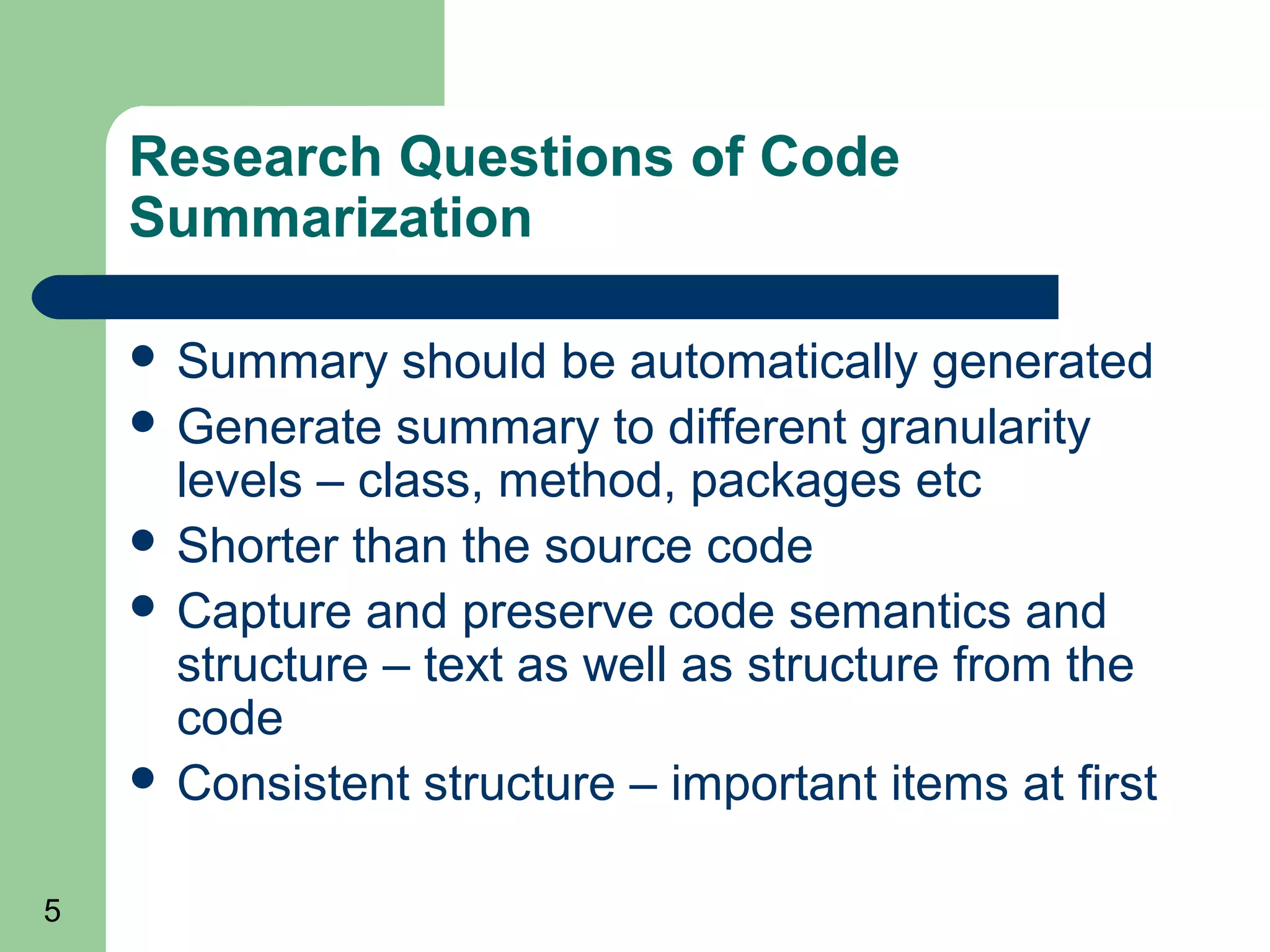 Supporting program comprehension with source code summarization | PPT Supporting program comprehension with source code summarization | PPT