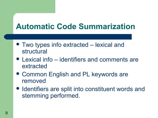 Supporting program comprehension with source code summarization | PPT | Programming Languages ...