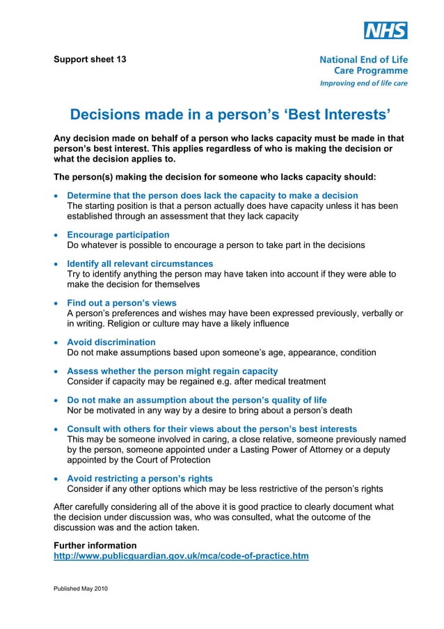 Support Sheet 13: Decisions made in a person's 'Best Interests' | PDF