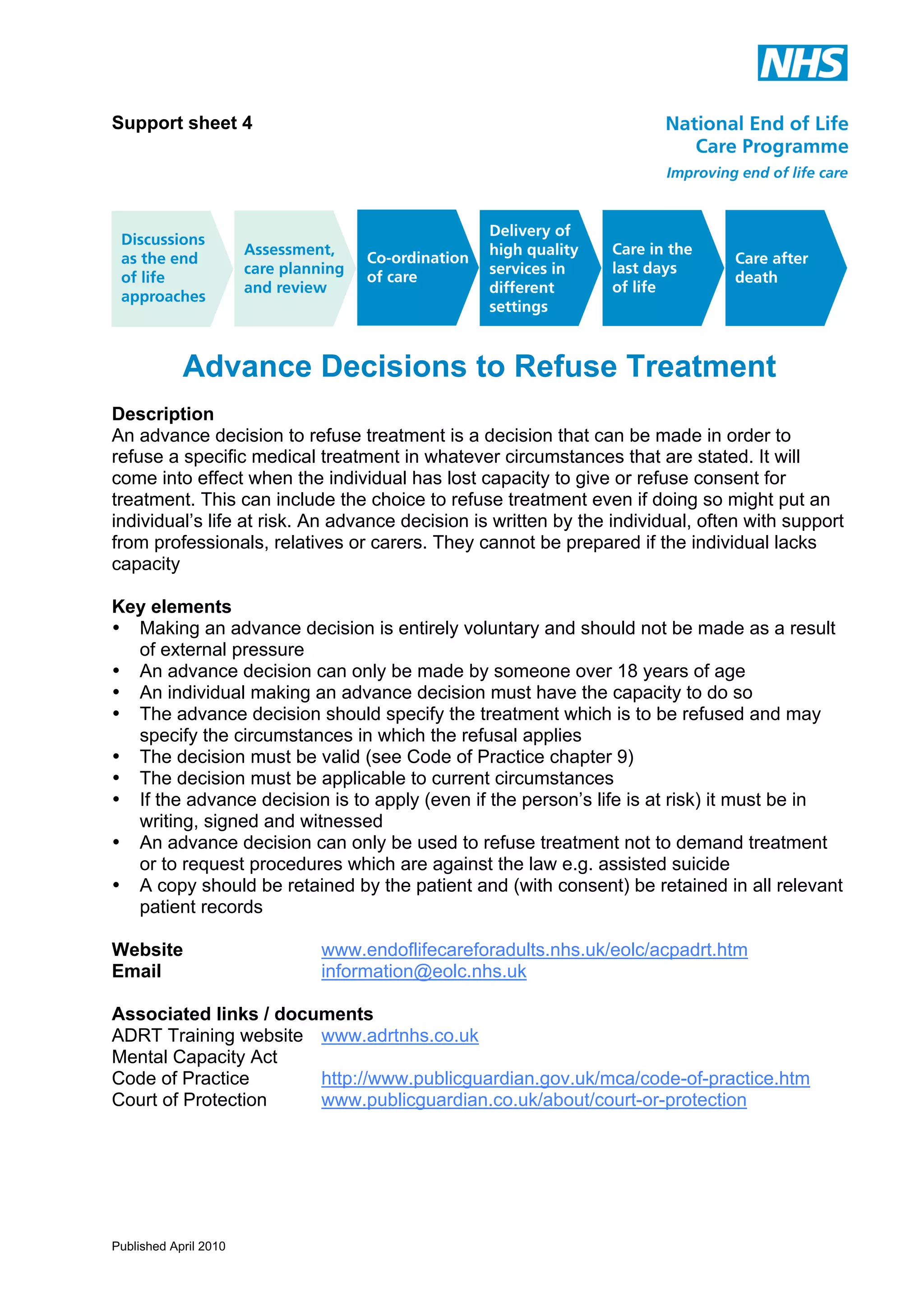 Support Sheet 4: Advance Decisions to Refuse Treatment | PDF