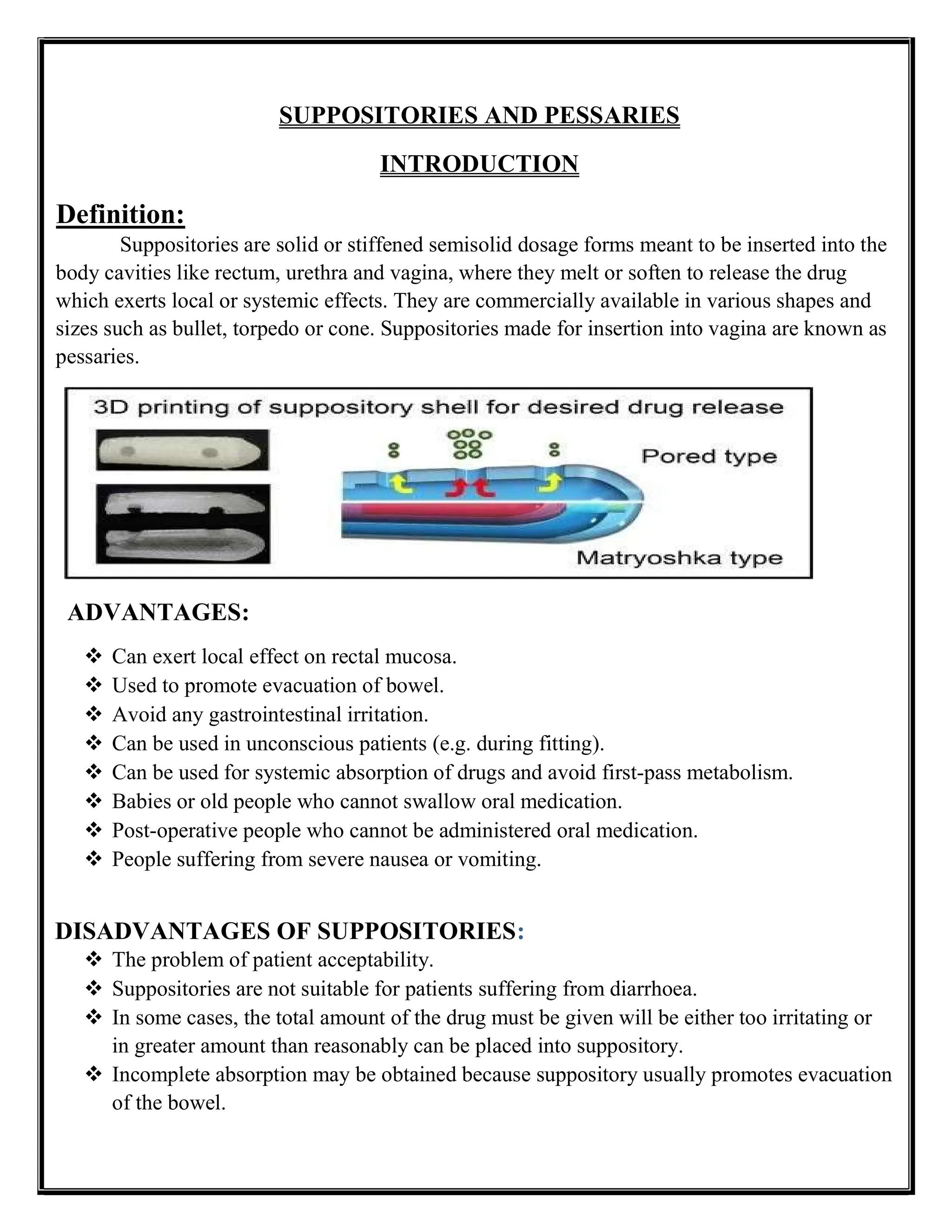 OVERVIEW OF SUPPOSITORIES AND PESSARIES in pharmaceutics | PDF