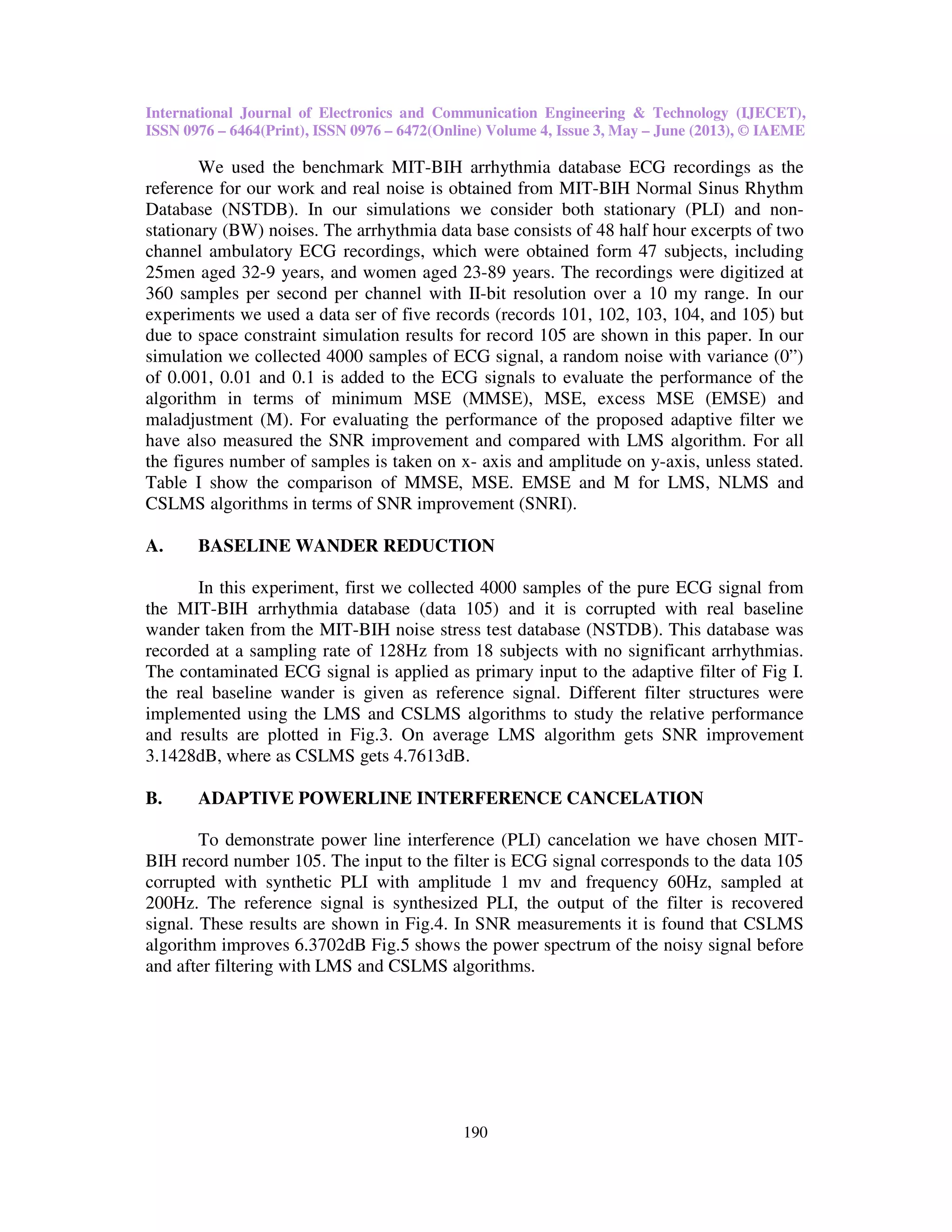 Suppression Of Power Line Interference Correction Of Baselinewanders