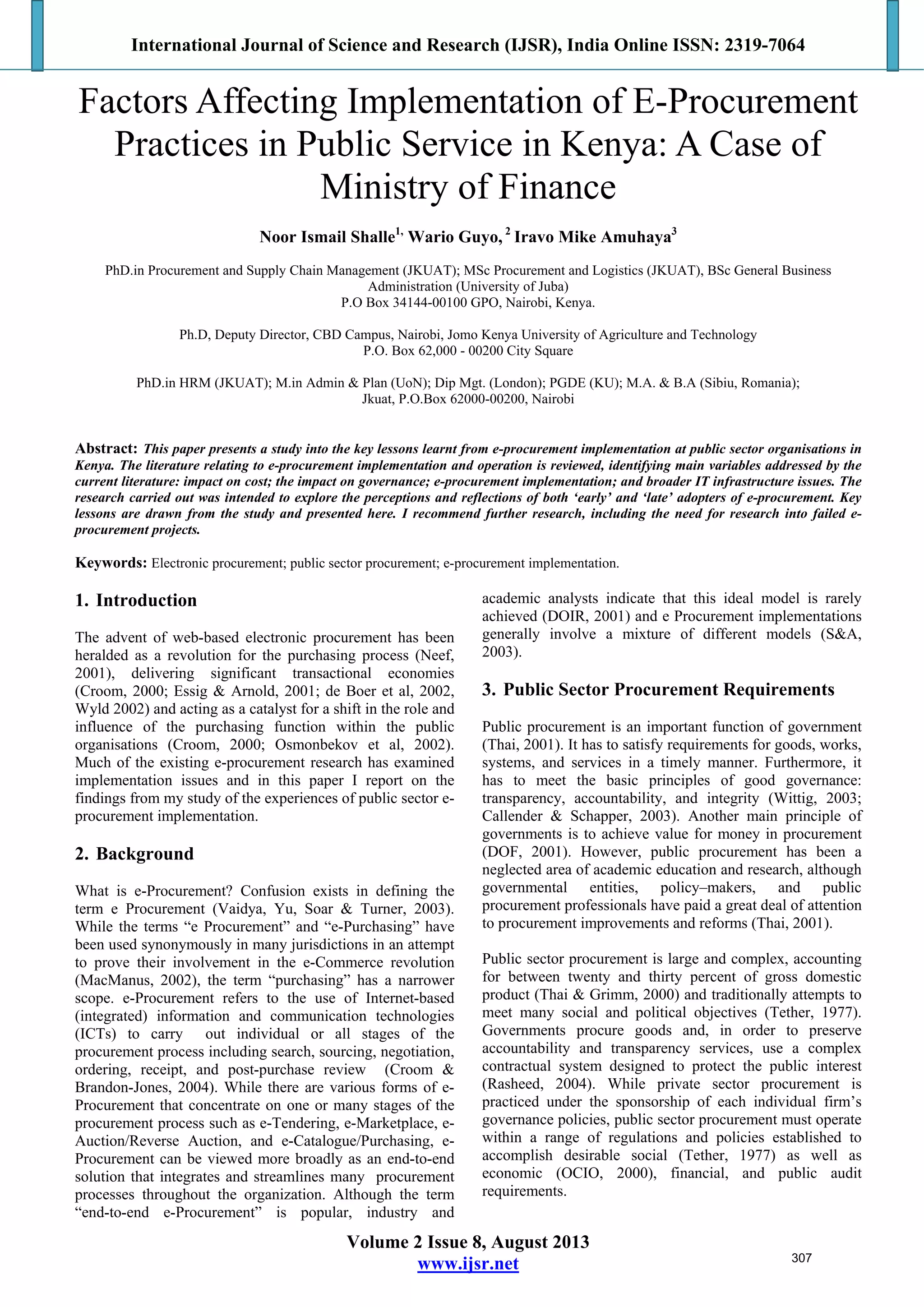 Factors Affecting Implementation of E-Procurement Practices in Public Service in Kenya: A Case ...