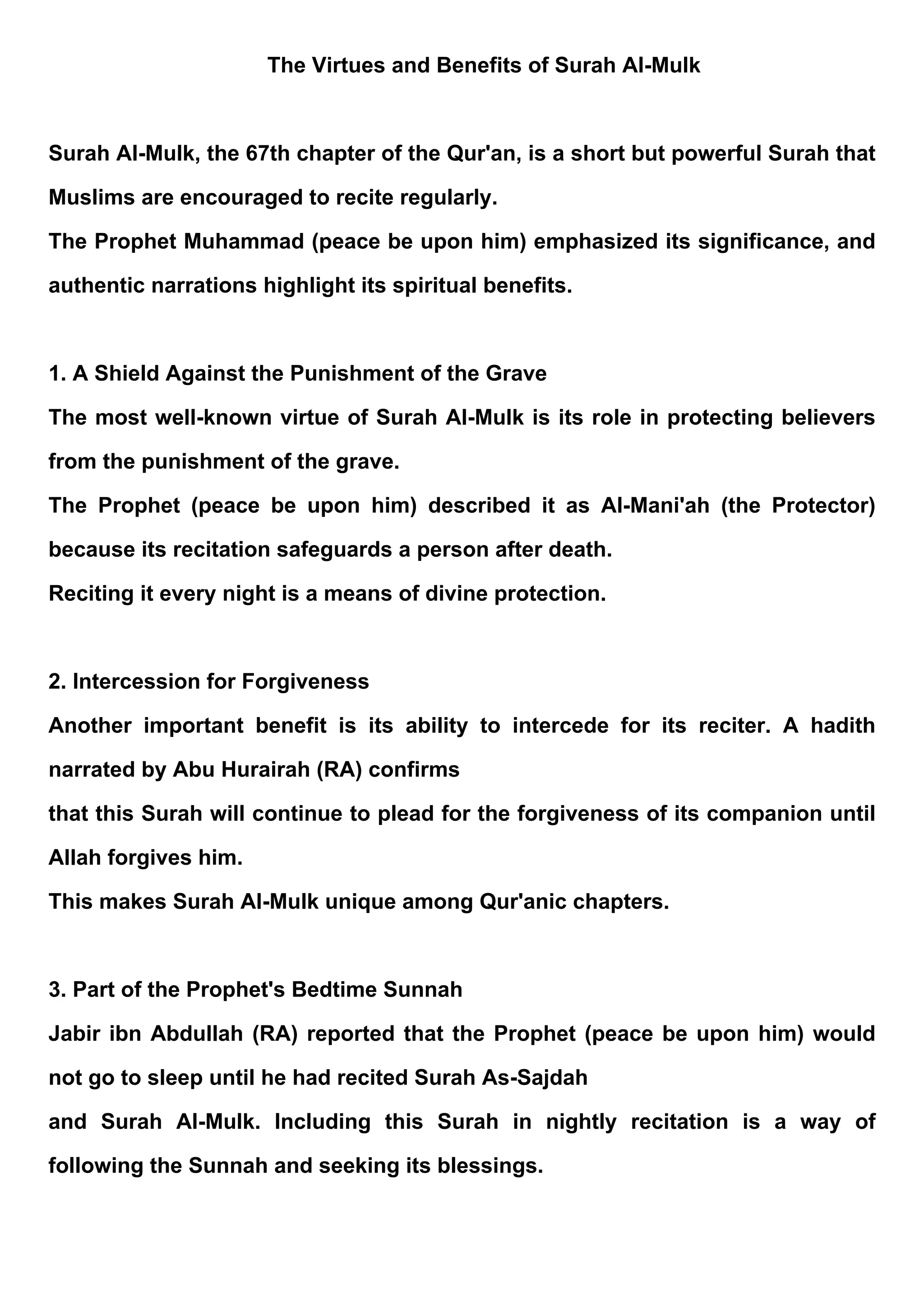 The Virtues and Benefits of Surah Al-Mulk | PDF