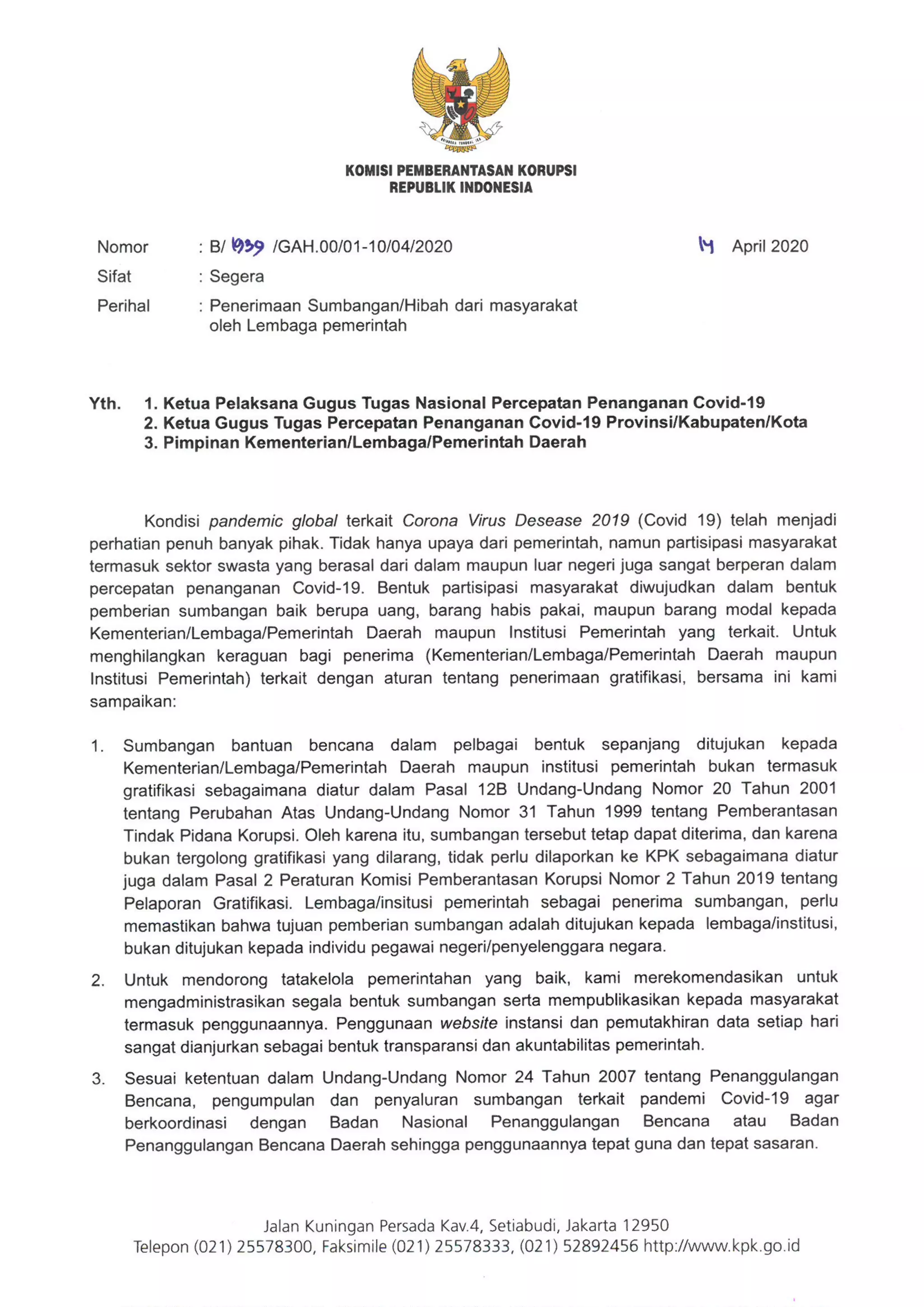 Surat KPK soal Hibah untuk Wabah | PDF