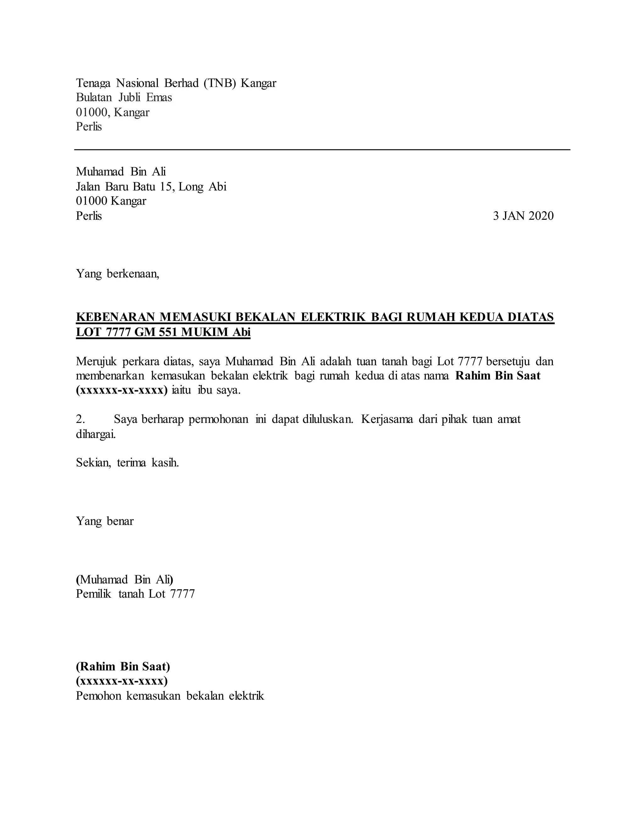 Surat contoh-permohonan-memasuki-elertrik-melalui-tnb.. | DOCX