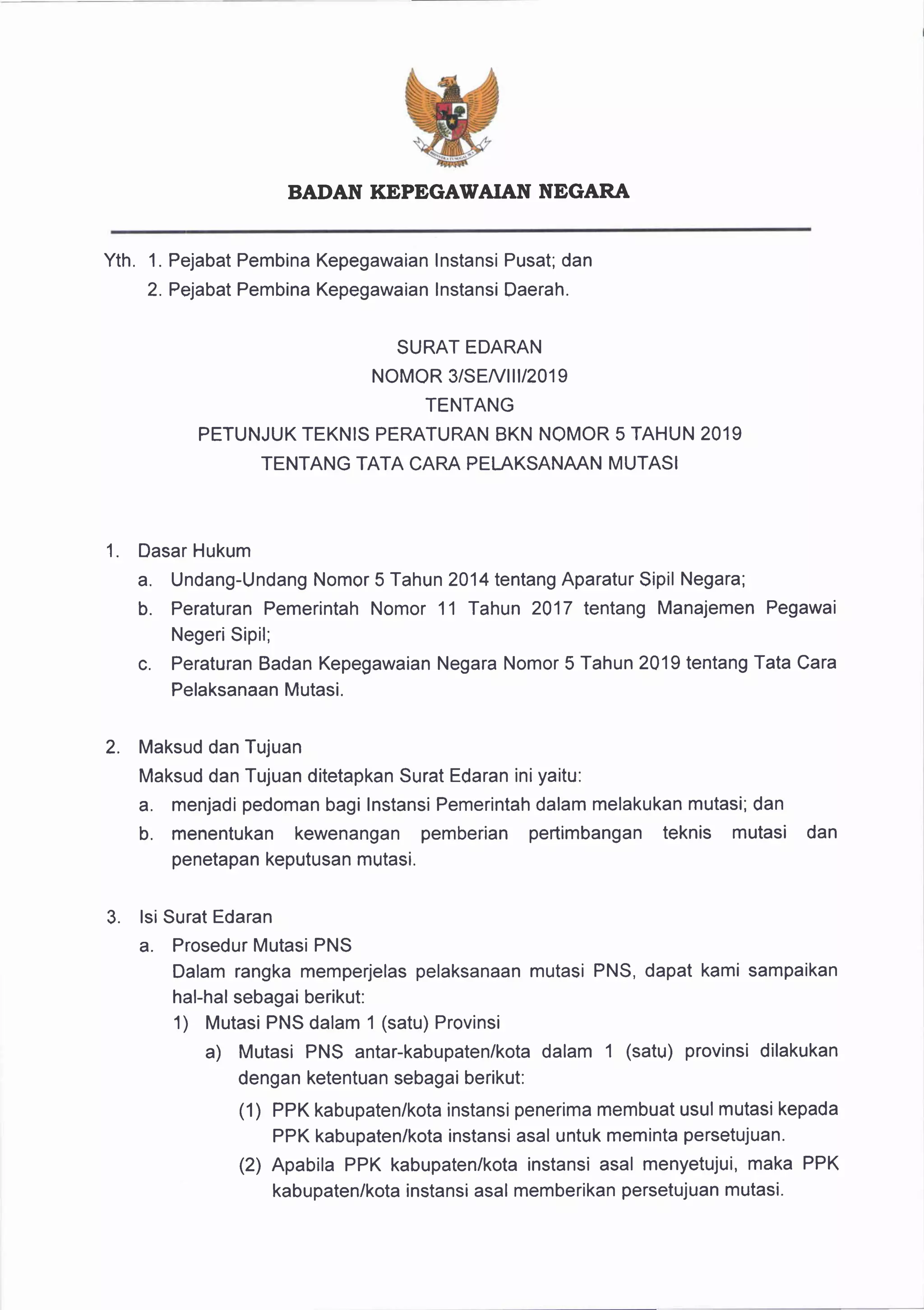 SURAT EDARAN BKN NOMOR 3/SE/VIII/l2019 TENTANG PETUNJUK TEKNIS PERATURAN BKN NOMOR 5 TAHUN 2019 ...