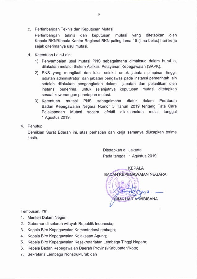 SURAT EDARAN BKN NOMOR 3/SE/VIII/l2019 TENTANG PETUNJUK TEKNIS PERATURAN BKN NOMOR 5 TAHUN 2019 ...