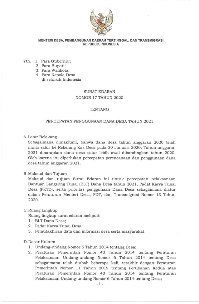SURAT EDARAN MENTERI DESAPDTT NOMOR 17 TAHUN 2020 TENTANG-PERCEPATAN PENGGUNAAN DANA DESA TAHUN ...