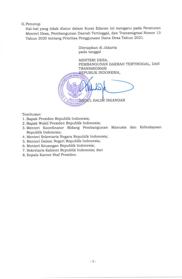 SURAT EDARAN MENTERI DESAPDTT NOMOR 17 TAHUN 2020 TENTANG-PERCEPATAN PENGGUNAAN DANA DESA TAHUN ...