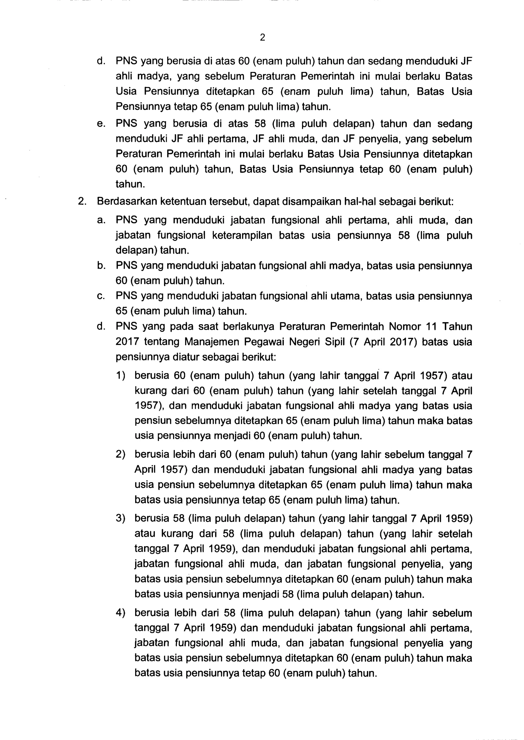 Surat Kepala BKN Nomor :.26-30/V-119-2/99 Tanggal 3 Oktober 2017 Perihal Batas Usia Pensiun bagi ...