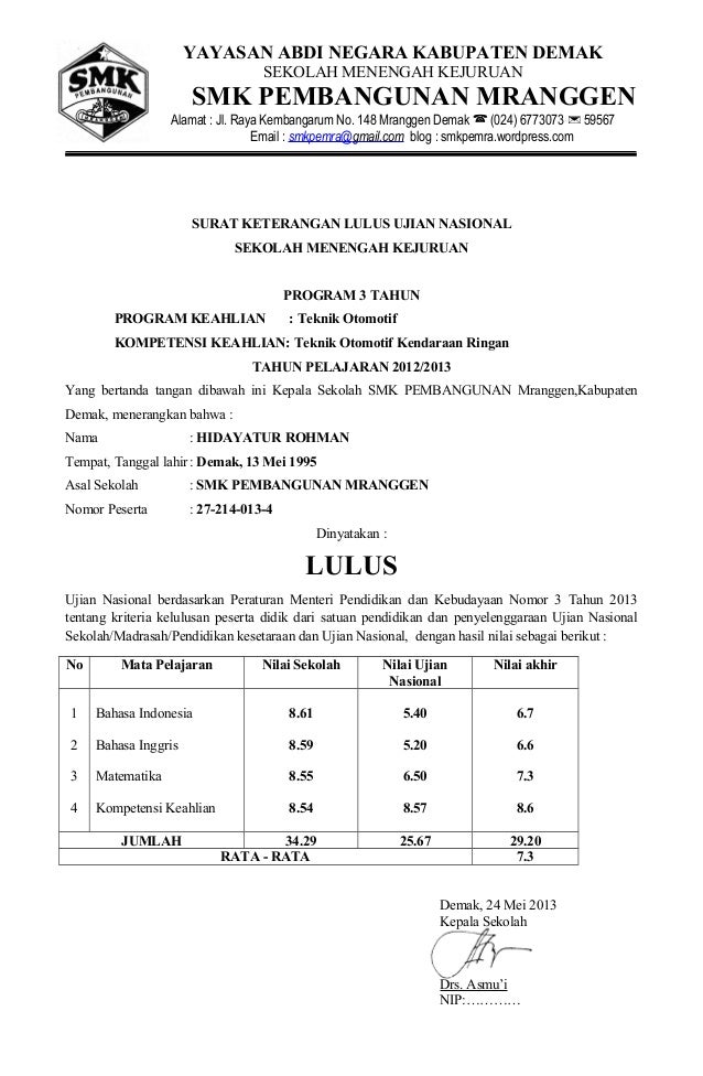 Surat Keterangan Lulus - Contoh Surat