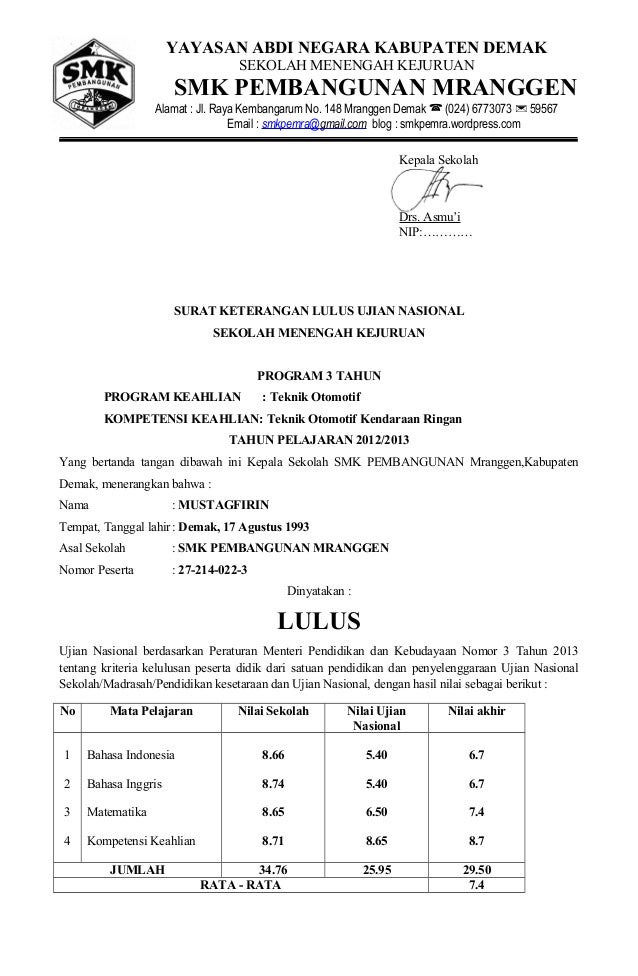 Surat Keterangan Lulus - Contoh Surat