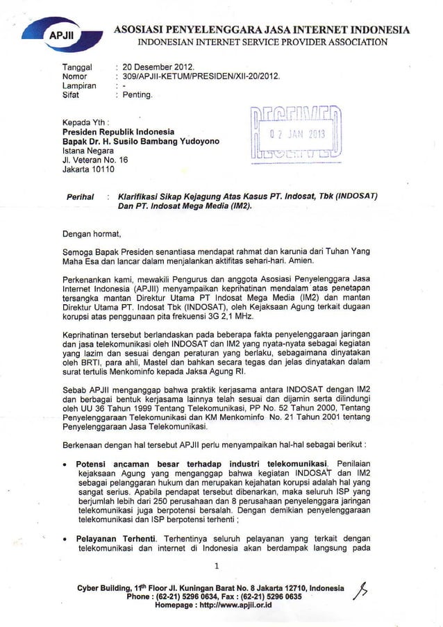 Surat apjii to presiden ri [kasus im2] 20 des 2012 | PDF