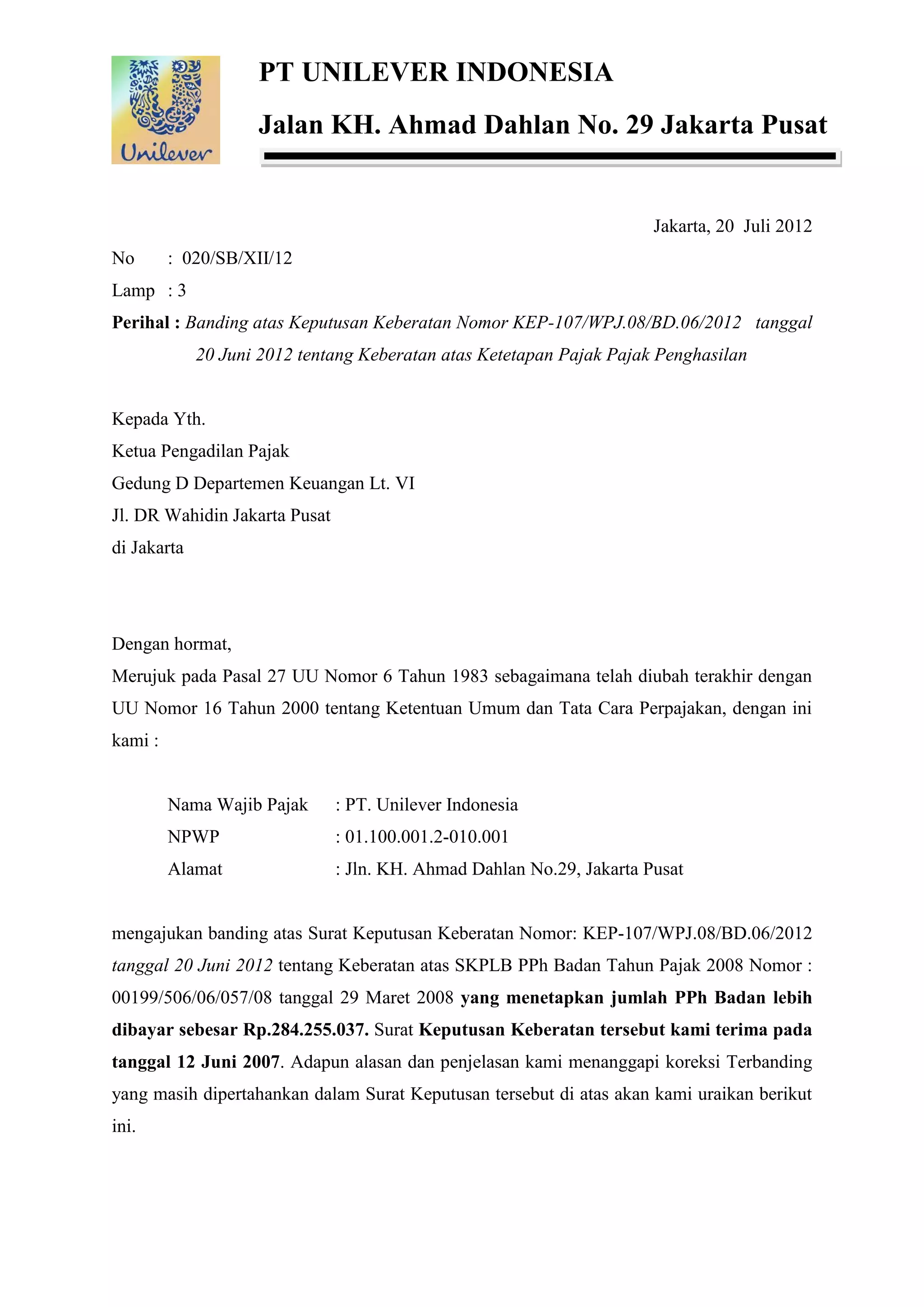Contoh Surat Banding Pajak (zaka firma aditya/8111410061) fh UNNES | PDF