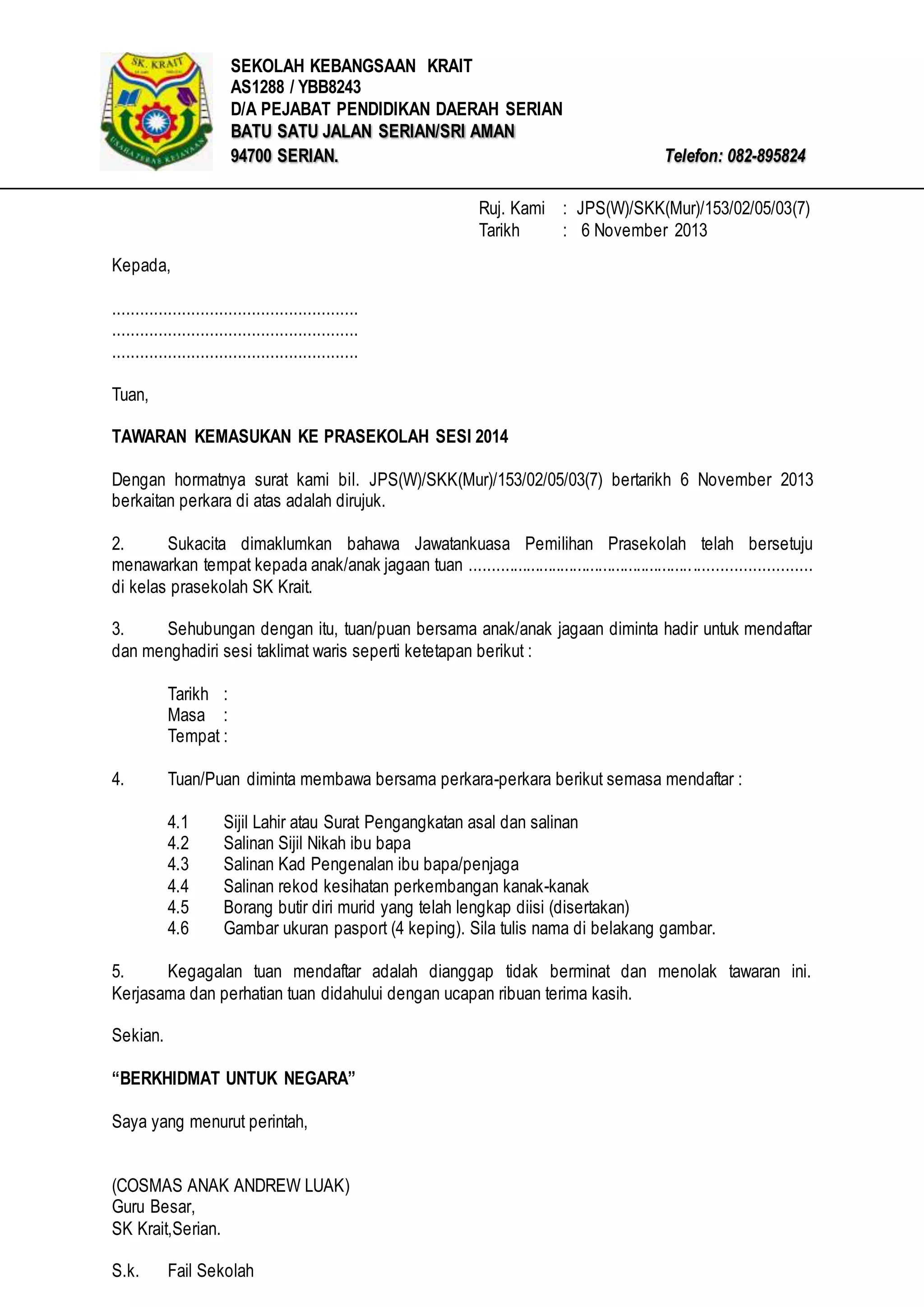 Surat berjaya kemasukan Prasekolah | DOCX