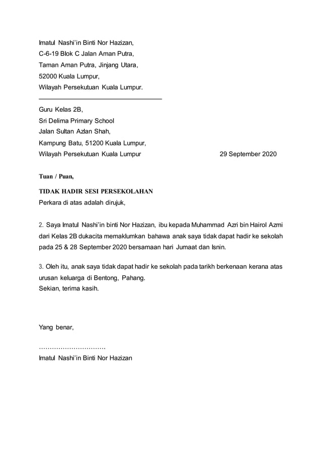 Surat cuti sekolah | DOCX