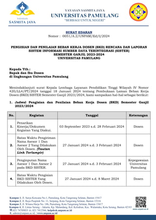 SURAT EDARAN. PENGISIAN DAN PENILAIAN BKD SISTER SEMESTER 2023.1-1.pdf
