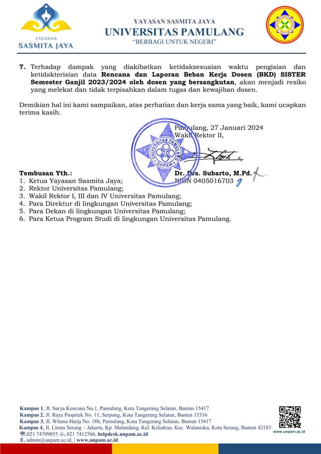 SURAT EDARAN. PENGISIAN DAN PENILAIAN BKD SISTER SEMESTER 2023.1-1.pdf