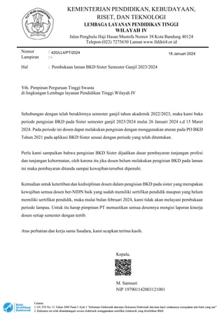 SURAT EDARAN. PENGISIAN DAN PENILAIAN BKD SISTER SEMESTER 2023.1-1.pdf