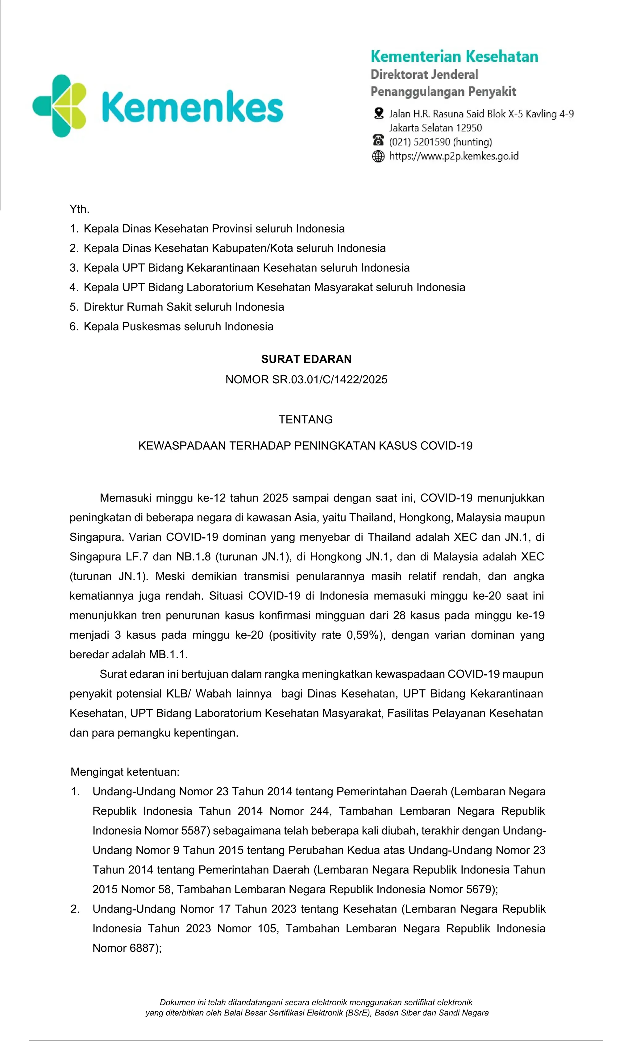 Surat Edaran Dirjen P2 Nomor SR.03.01_C_1422_2025 tentang Kewaspadaan terhadap Peningkatan Kasus ...