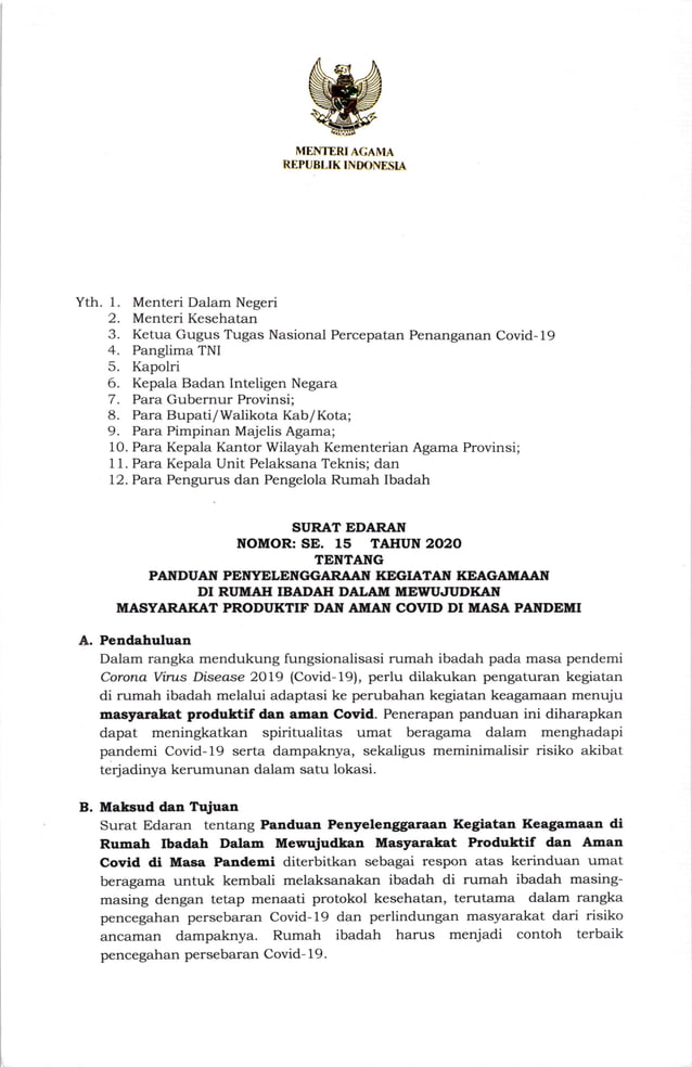 Surat Edaran Menteri Agama Nomor 15 Tahun 2020 | PDF