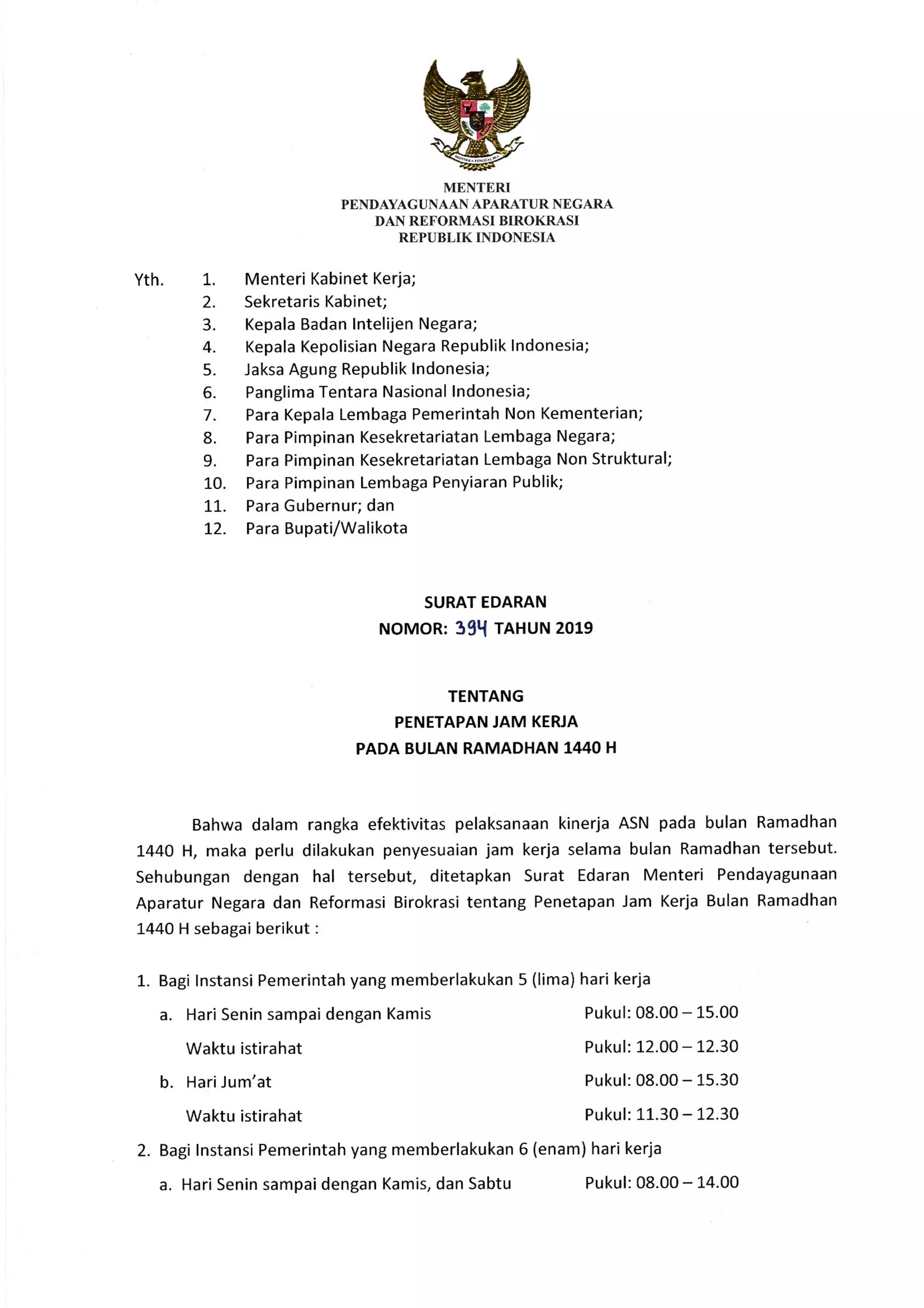 Surat edaran menteri panrb nomor 394 tahun 2019 tentang penetapan jam kerja pada bulan ramadhan ...