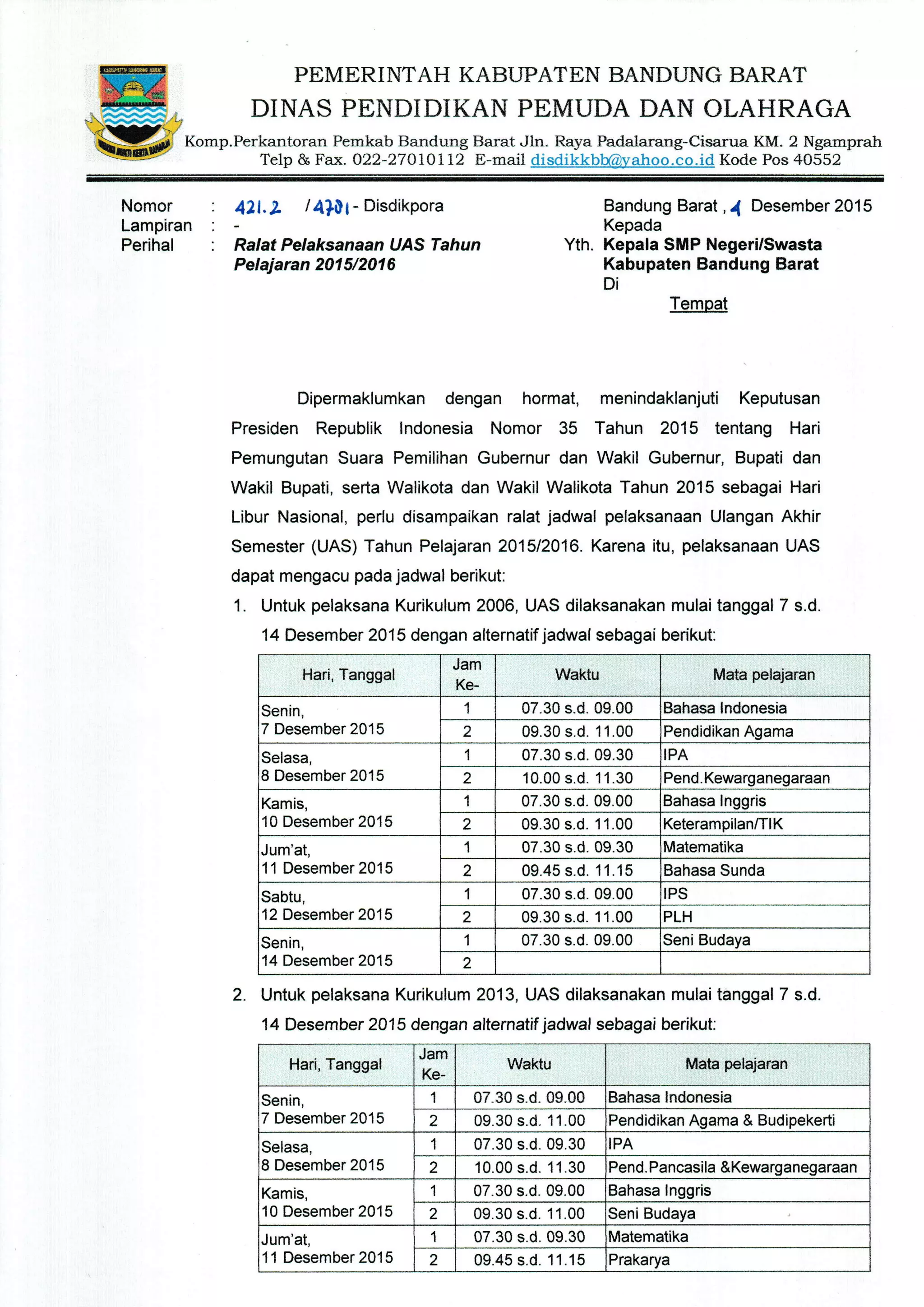 Surat edaran ralat uas 2015 2016 | PDF