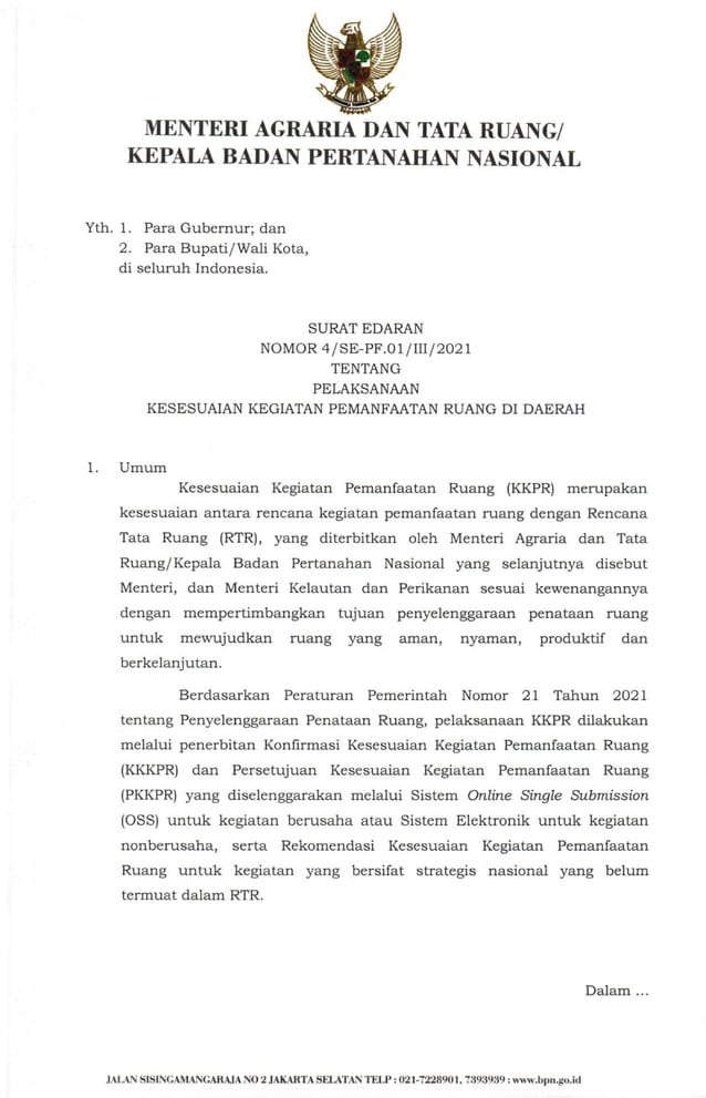 Surat edaran pelaksanaan kesesuaian kegiatan pemanfaatan ruang di daerah | PDF
