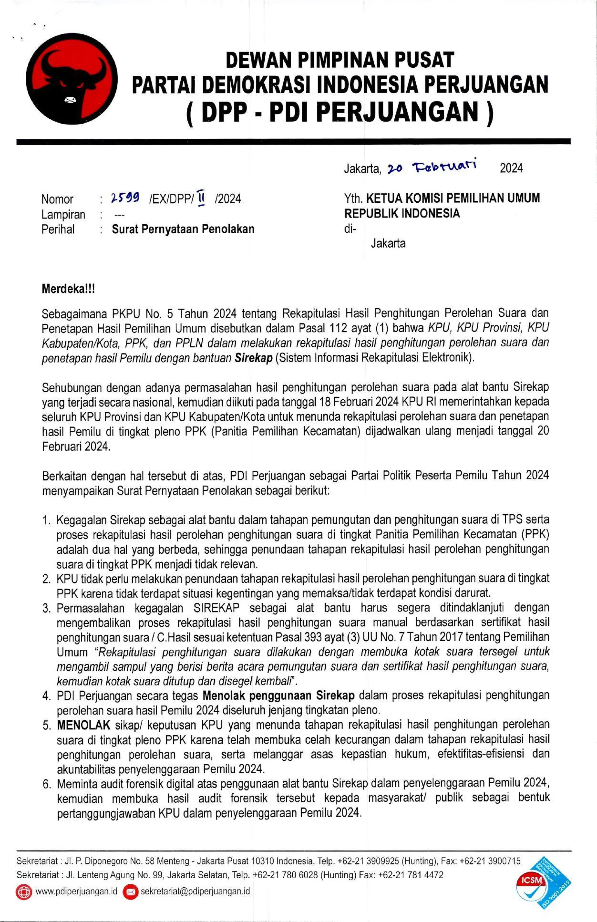 PDIP Tolak Hasil Penghitungan Suara Sirekap | PDF