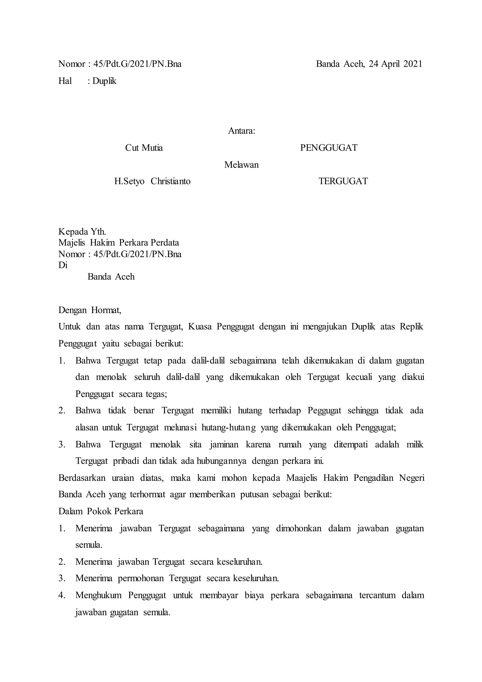 Surat gugatan perdata suhendri | DOCX