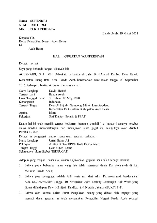 Surat gugatan perdata suhendri | PDF