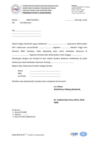 Surat Ijin Observasi Mahasiswa STIE IBMT Surabaya | PDF