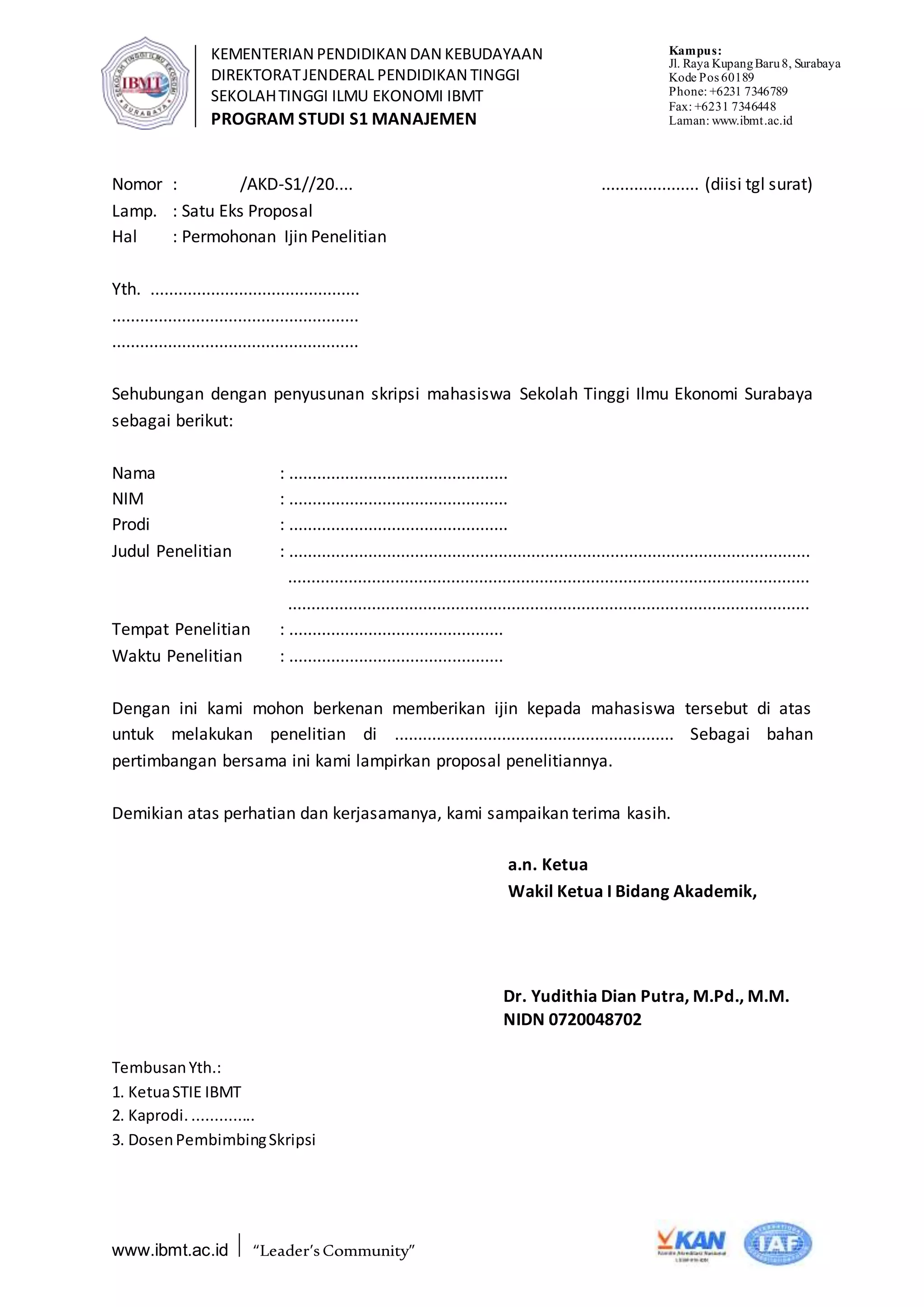 Surat Ijin Penelitian Mahasiswa STIE IBMT Surabaya | DOC