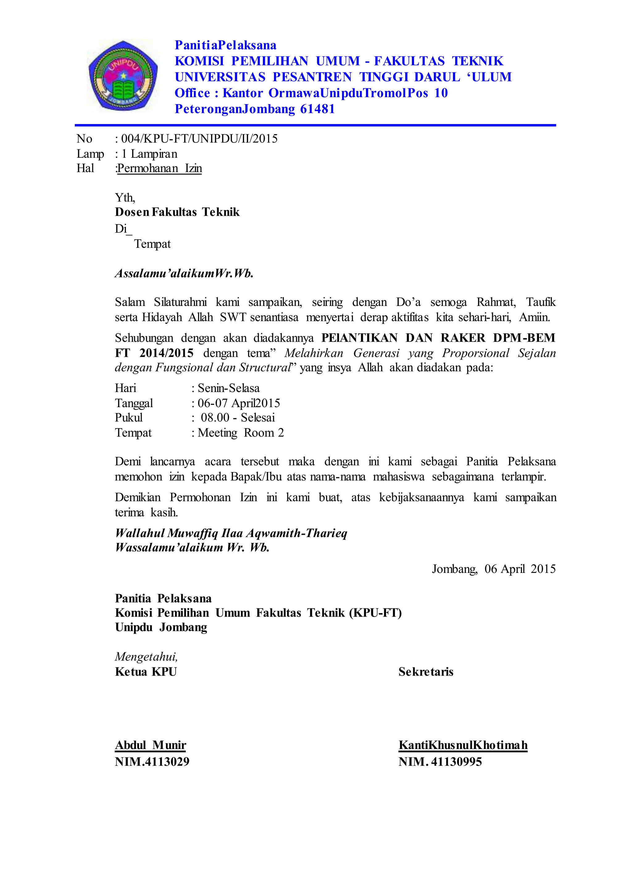Surat izin mahasiswa FT Unipdu Jombang | DOCX