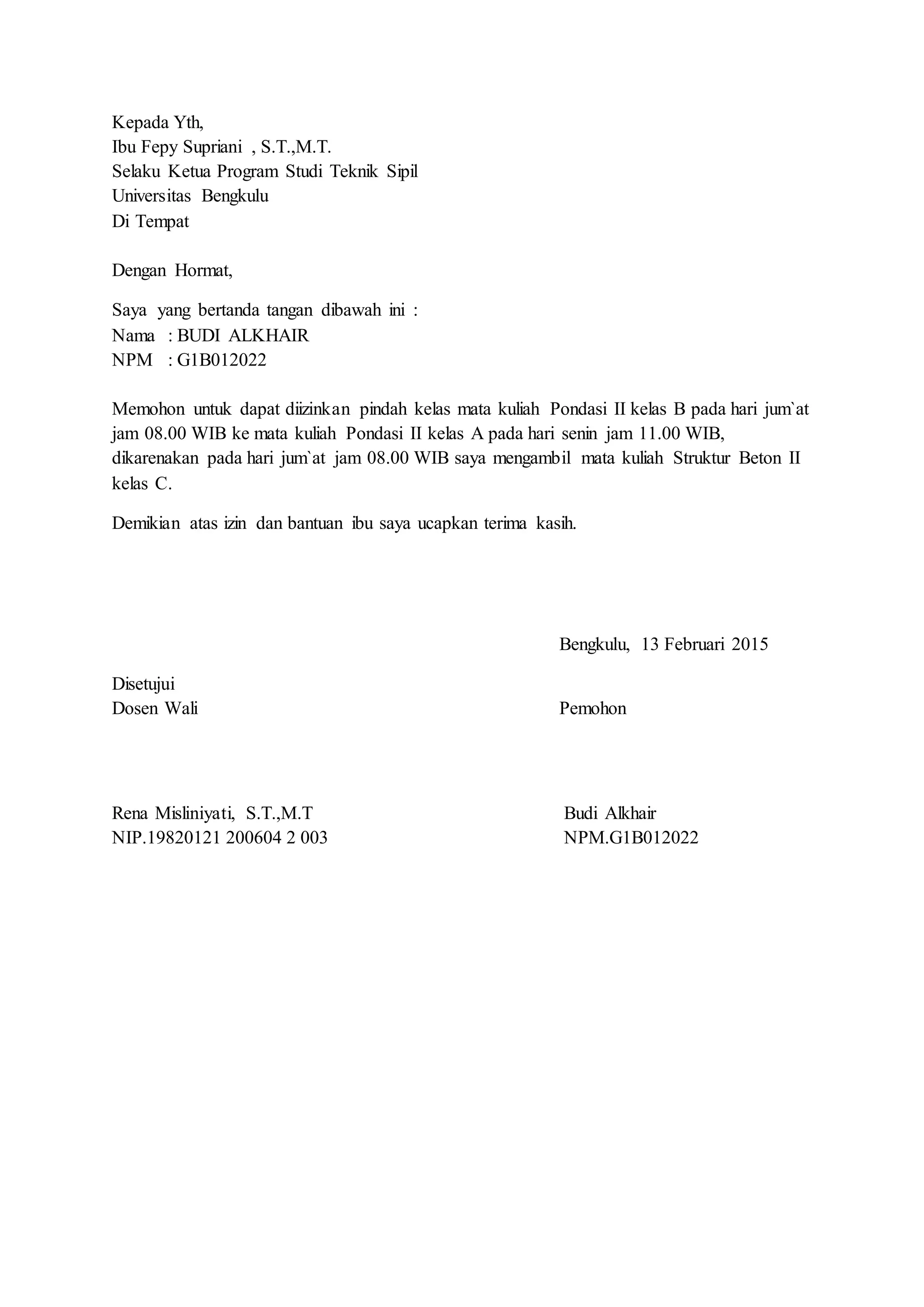 Surat izin pindah kelas | DOCX