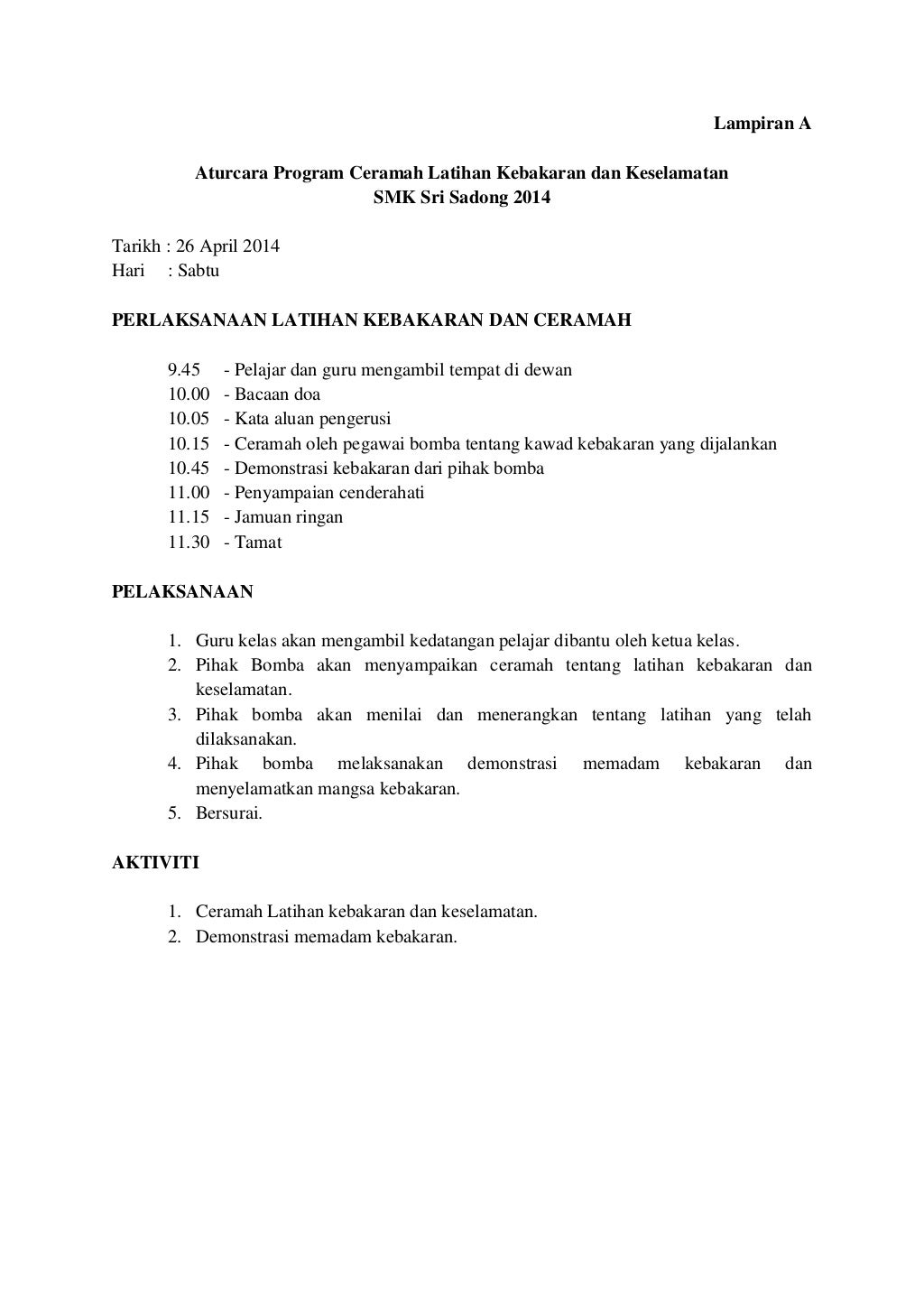 Surat jemputan ceramah keselamatan kepada bomba