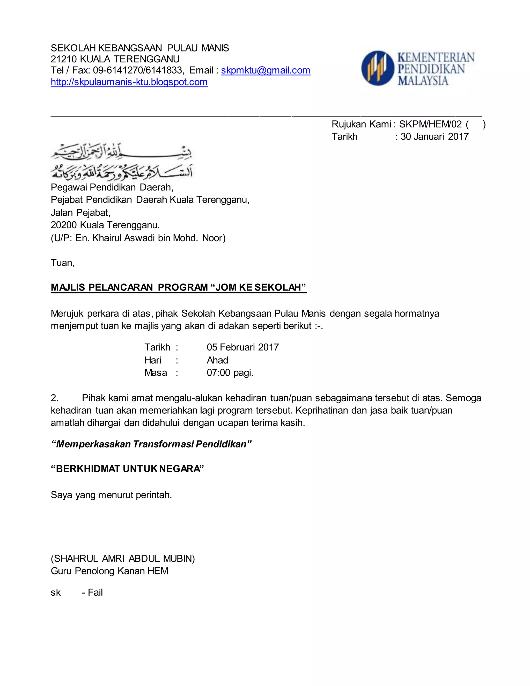 Surat jemputan program jom ke sekolah skpm | DOCX