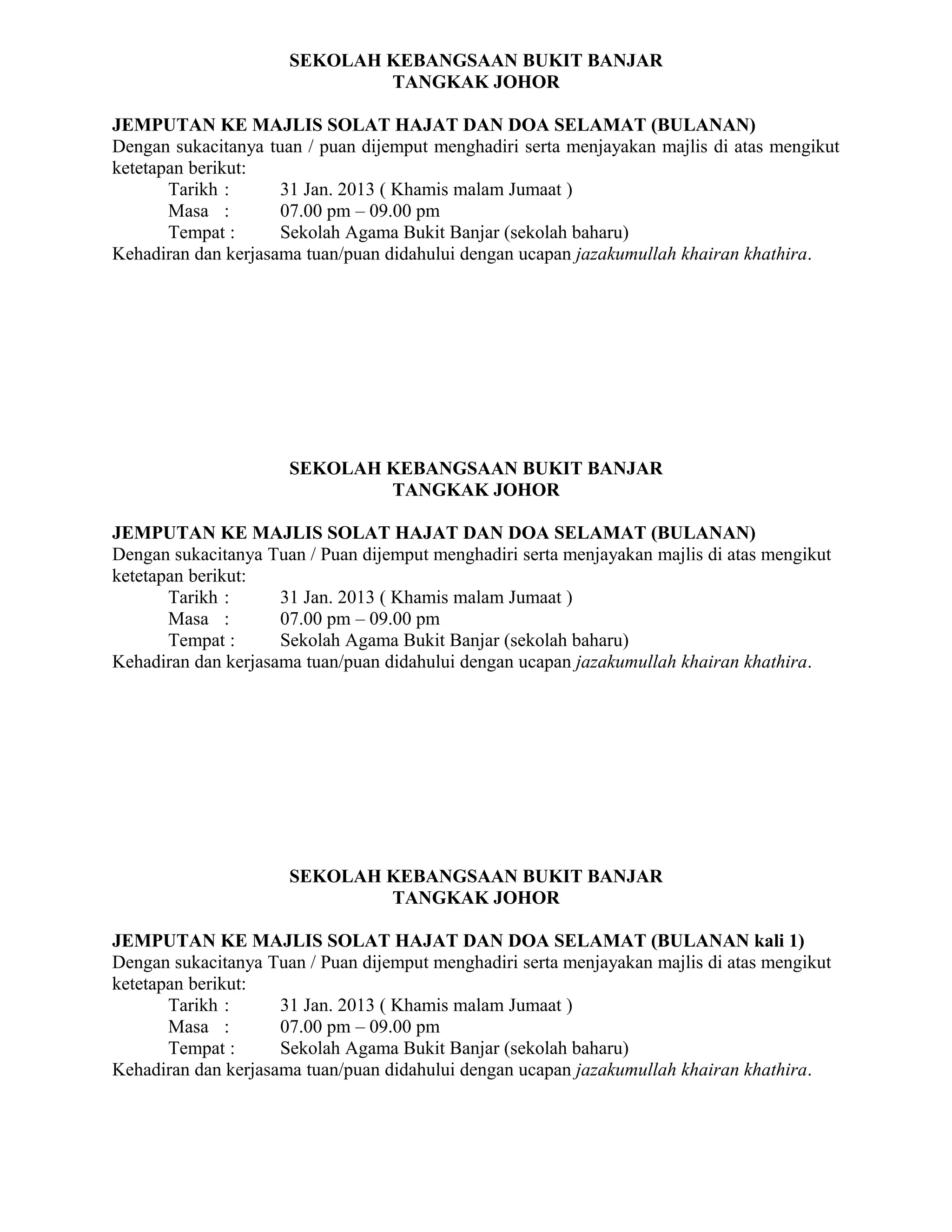 Surat jemputan solat hajat ibu bapa | DOC